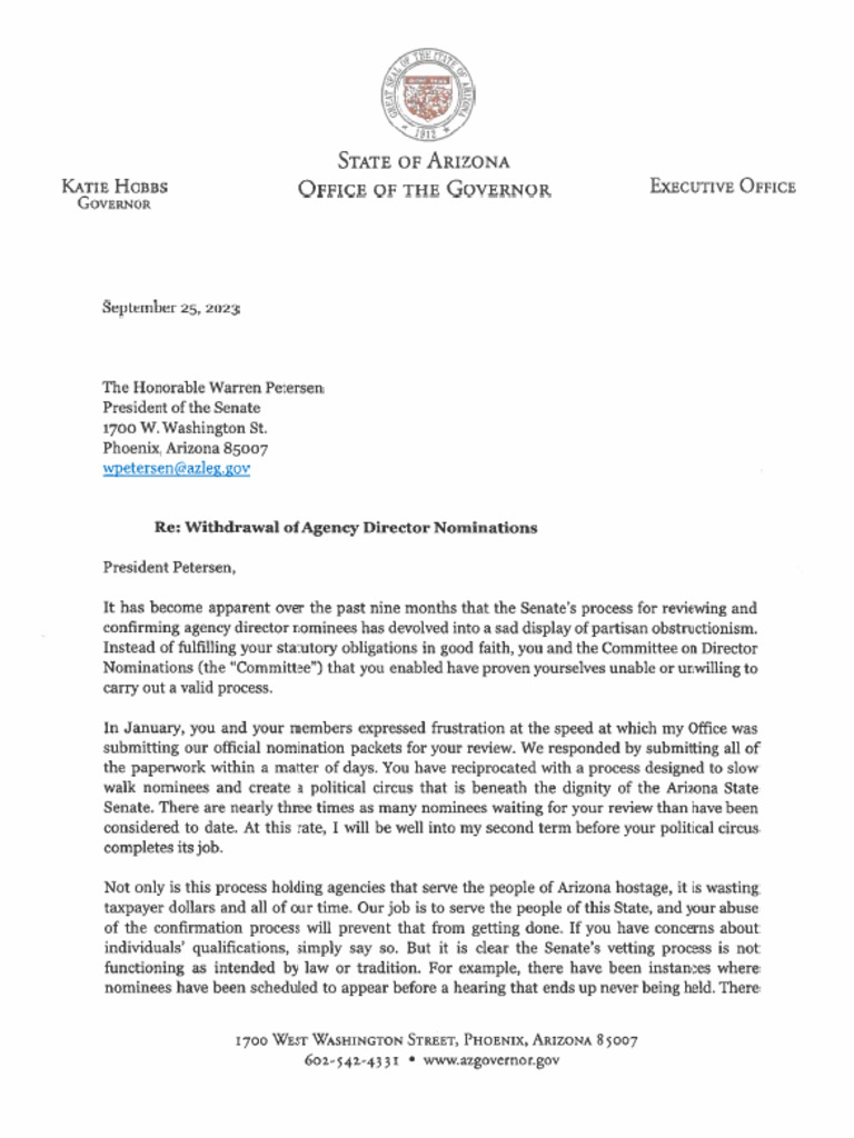Governor Hobbs Letter To Senate President Petersen 9-25-23 | PDF