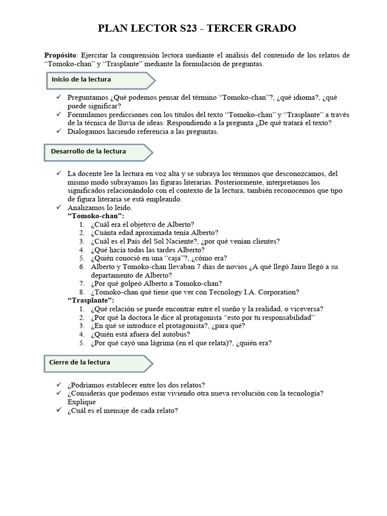 3º Plan Lector S23 - Tomoko-Chan y Trasplante | PDF