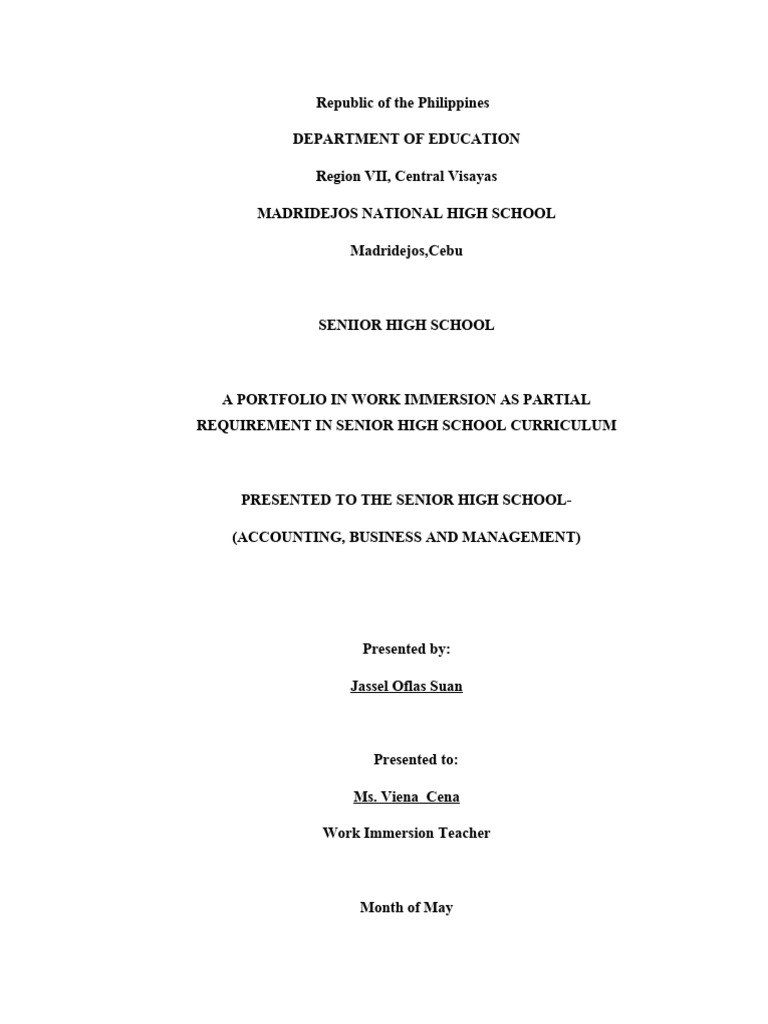 Senior High School Work Immersion Portfolio | PDF | Career & Growth ...