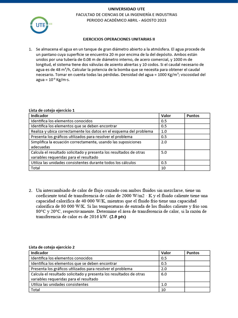 EJERCICIOS OPERACIONES UNITARIAS II | PDF | Intercambiador de calor | Calor