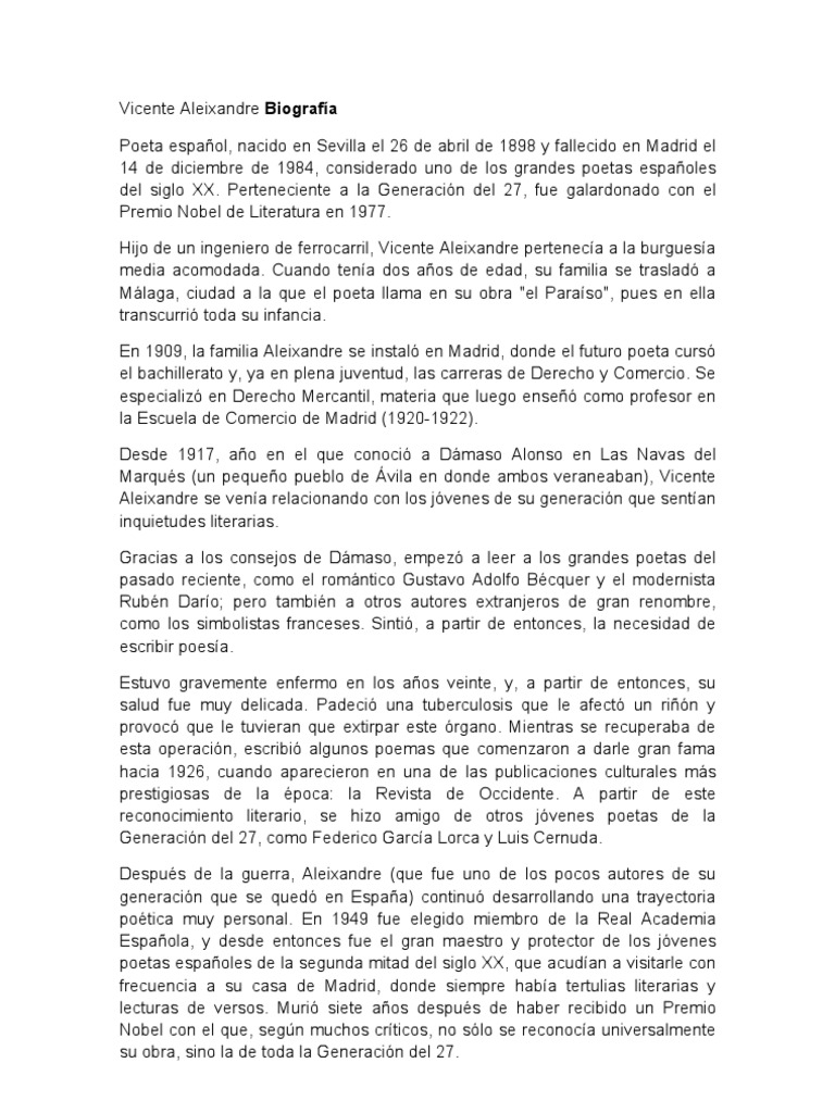 Vicente Aleixandre: Poeta del 27 | PDF | Poesía