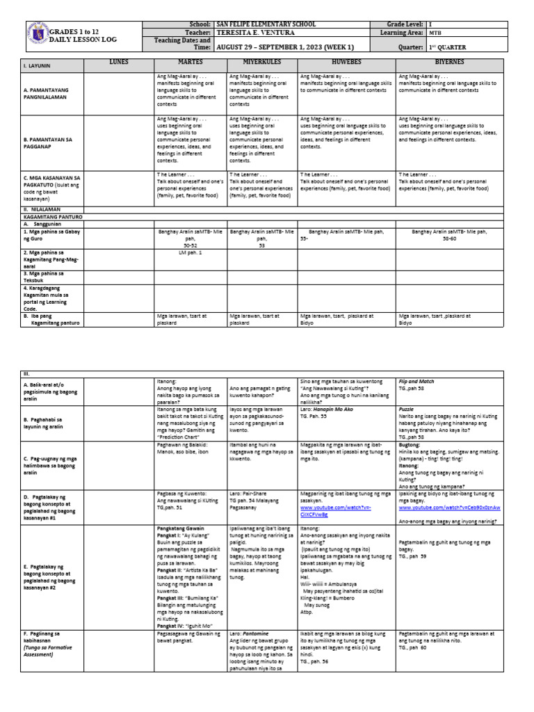 DLL - MTB 1 - Q1 - W1 | PDF | Psychological Concepts | Learning