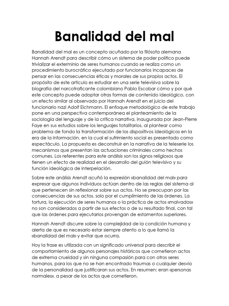 Banalidad del mal en la vida cotidiana | PDF | Hannah Arendt | Mal