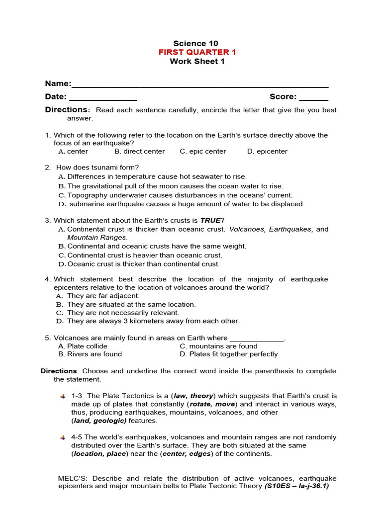 Worksheet 1 | PDF | Plate Tectonics | Earth