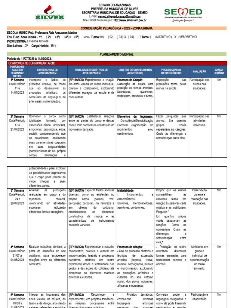 Plano Mensal de Ensino Das Artes 3º Bimestre | PDF | Pedagogia