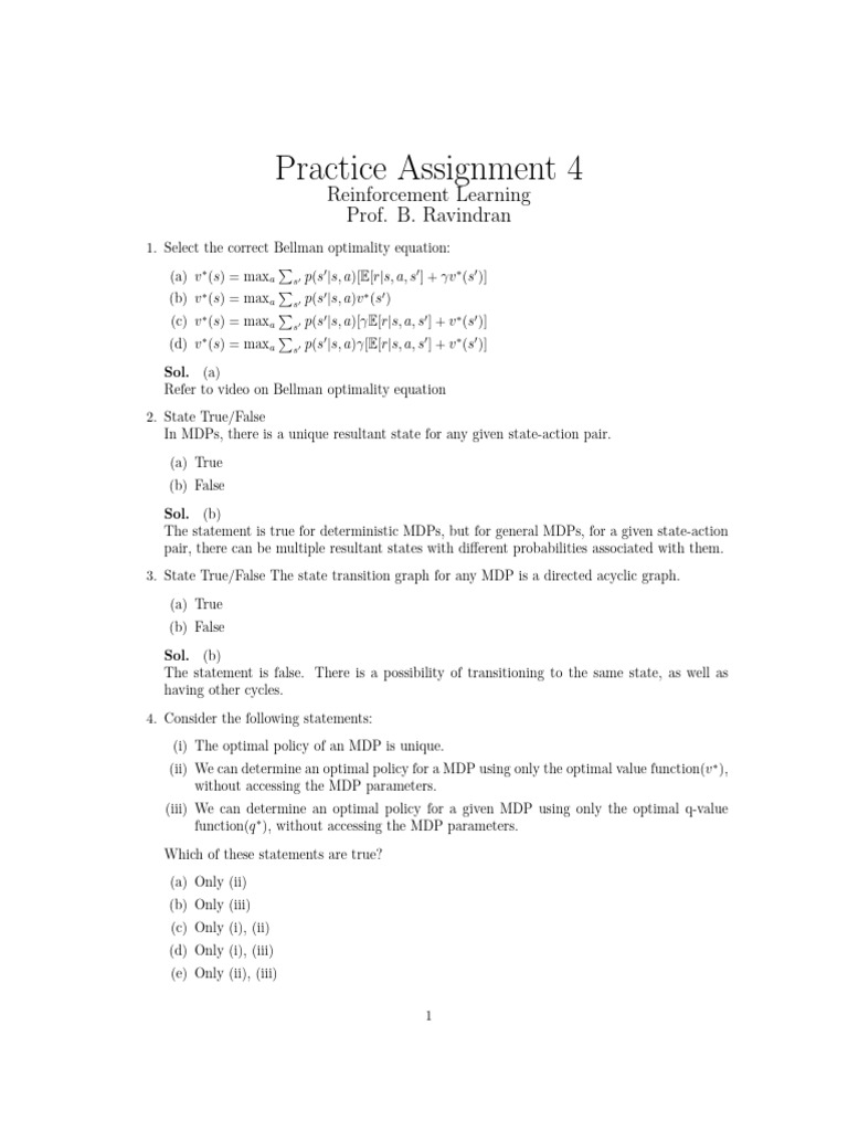 Practice Assignment 4: Reinforcement Learning Prof. B. Ravindran | PDF | Mathematical Logic ...