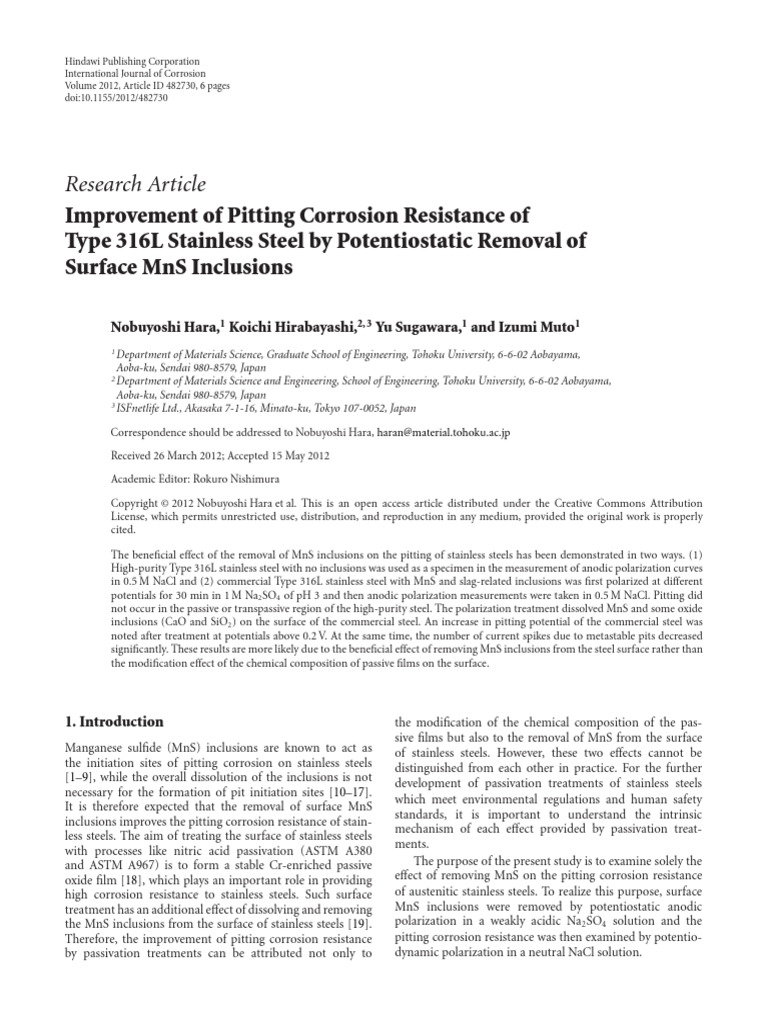 Improvement Of Pitting Corrosion Resistance Of Type 316l Stainless