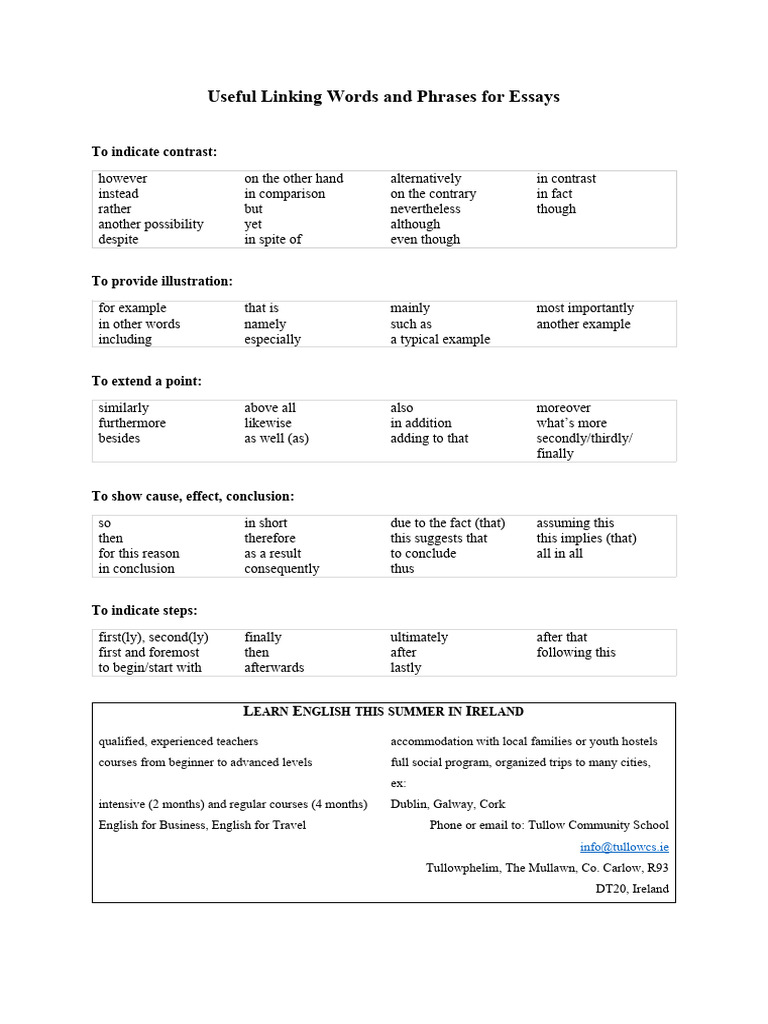Useful Linking Words and Phrases For Essays | PDF