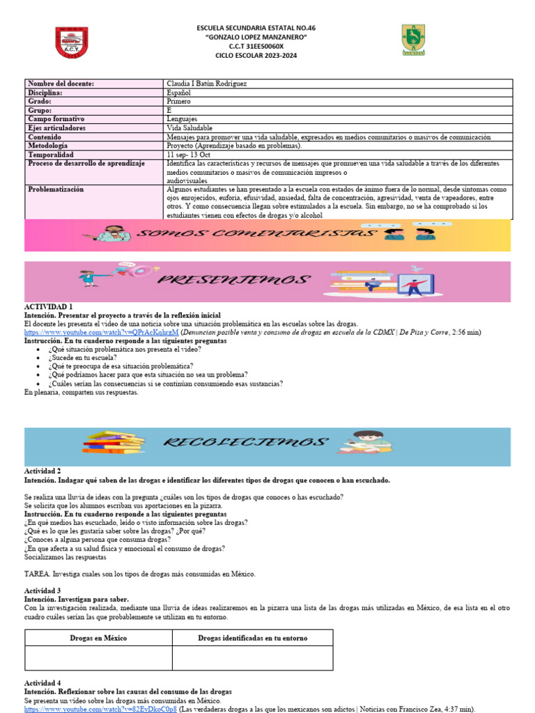 Plan Didactico de Español Primer Grado | PDF | Drogas | Organización de ...