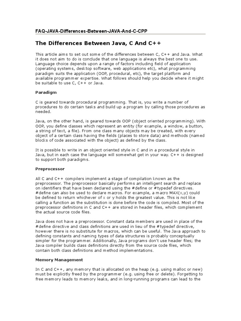 Differences Between C Cjava Pdf C Programming Language C 9993