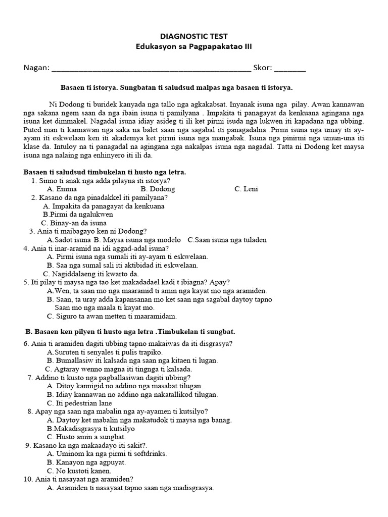 Diagnostic Test Grade 3 | PDF