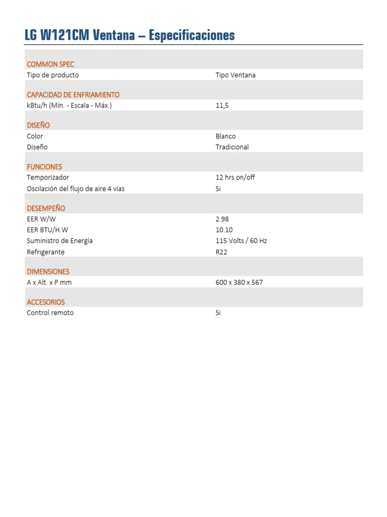 LG W121CM Ventana - Especificaciones | PDF