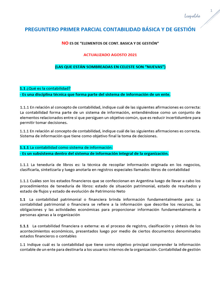 Preguntero Primer Parcial Contabilidad Basica Agosto 2021 | PDF | Contabilidad | Hoja de balance