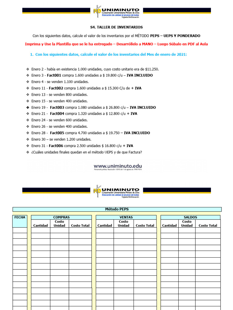 Taller Metodo PEPS-UEPS Y Ponderado - UNIMINUTO | PDF