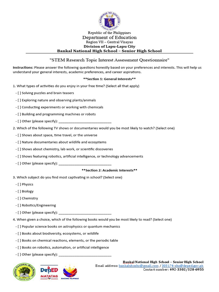 Stem Research Topic Interest Questionnaire | PDF | Robotics | Chemistry