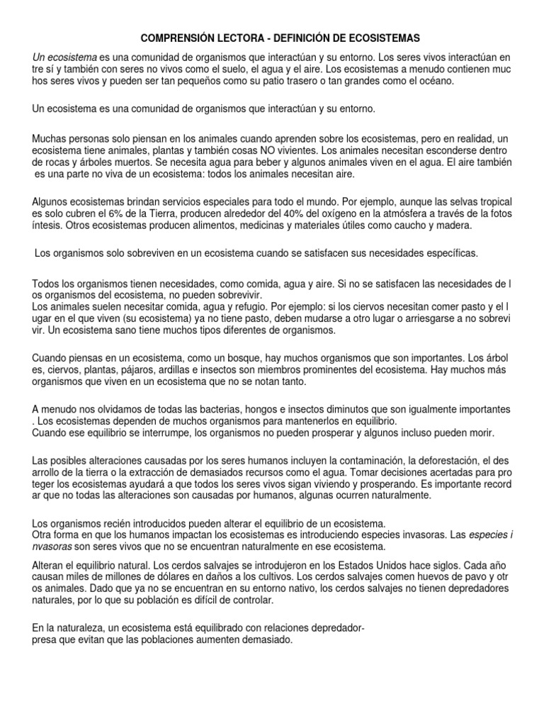 COMPRENSIÓN LECTORA - Ecosistemas | PDF