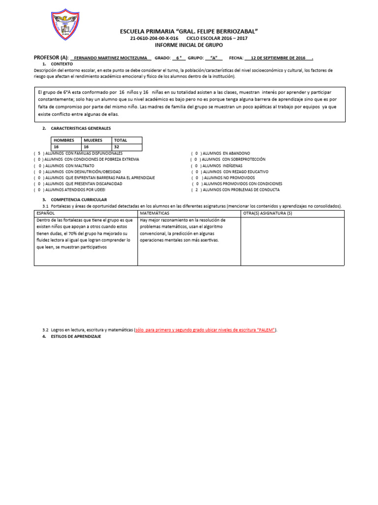 Perfil de Grupo Nuevo Ingreso 6°a 2016-2017 | PDF