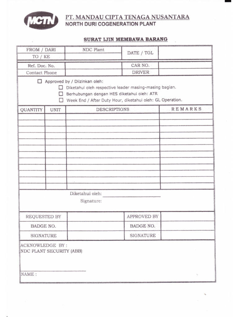 Form Surat Jalan Keluar MCTN | PDF
