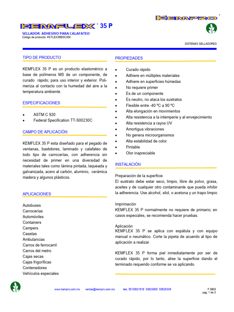 Sellador Adhesivo KEMFLEX 35 P | PDF | Materiales | Ciencias fisicas