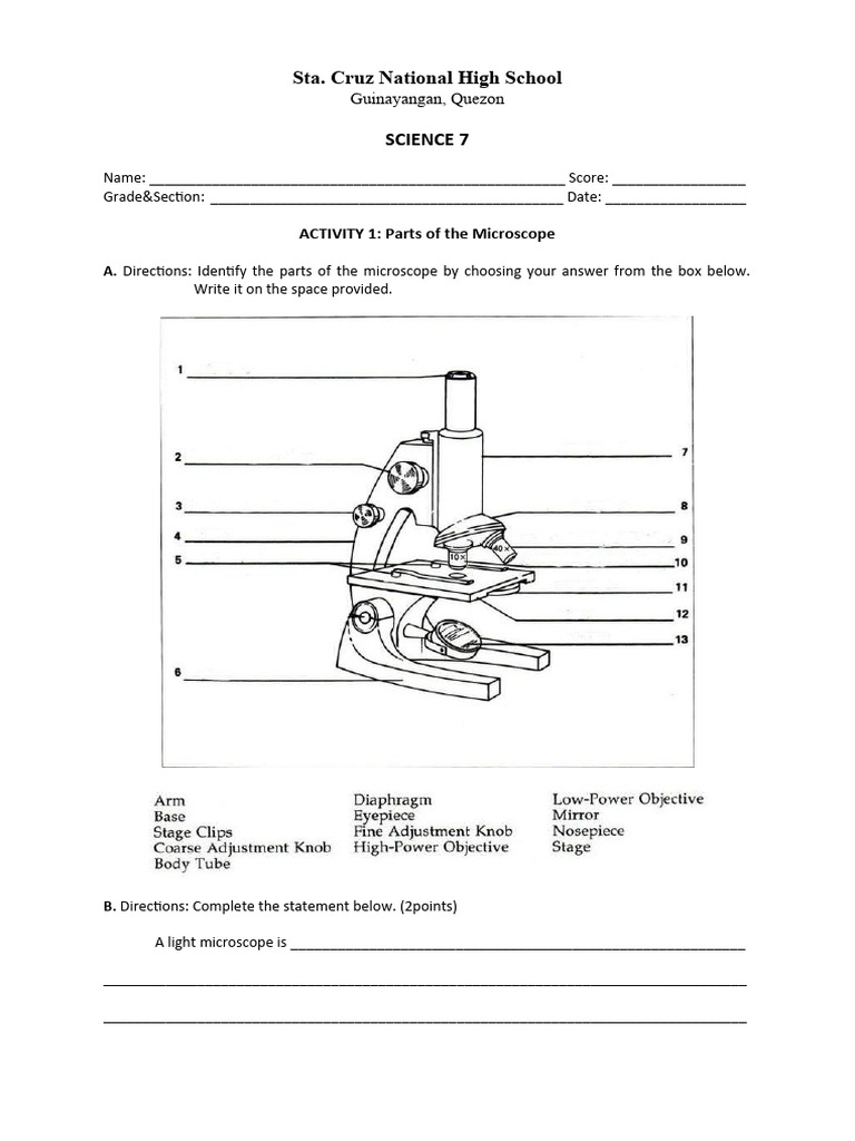 Activity 1. Parts of The Microscope | PDF
