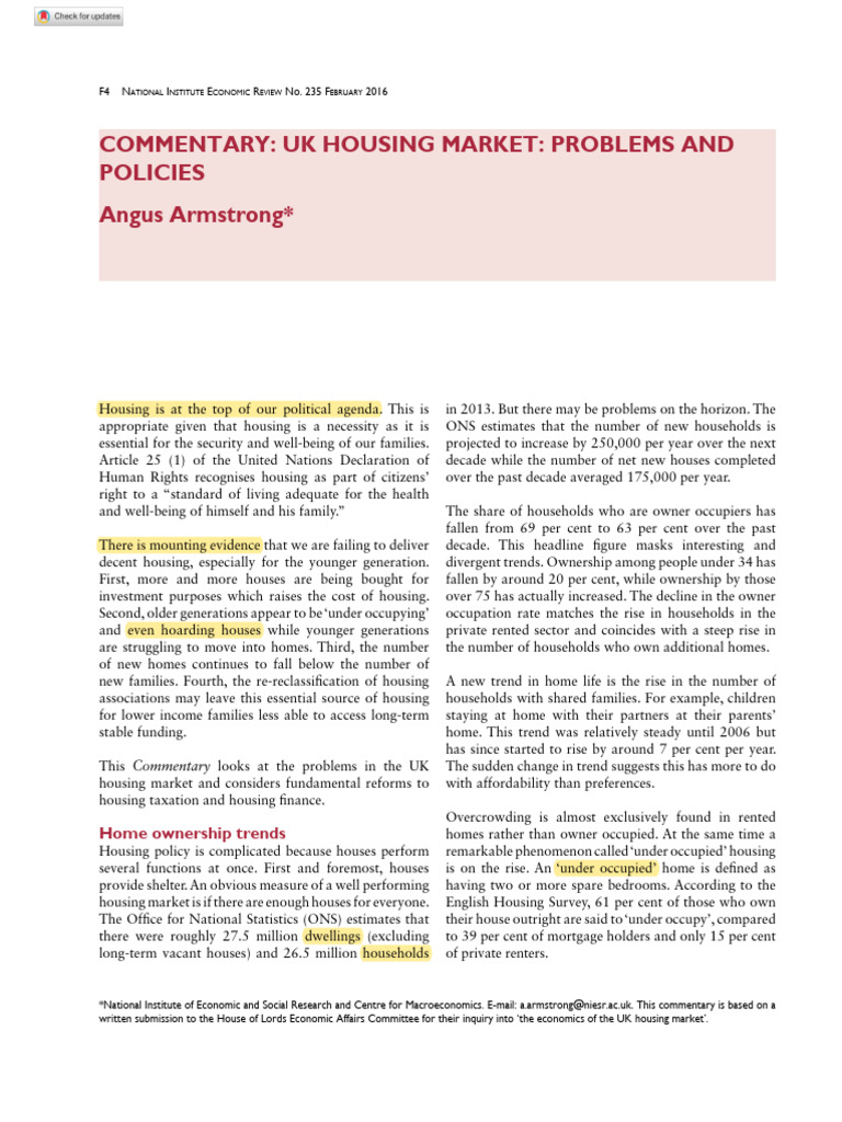 Armstrong 2016 Commentary Uk Housing Market Problems and Policies | PDF | Mortgage Loan | Taxes