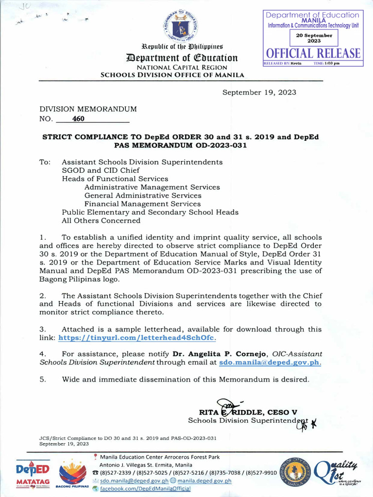 DM 460 S. 2023 STRICT COMPLIANCE TO DEPED ORDER 30 AND 31 S. 2019 AND ...