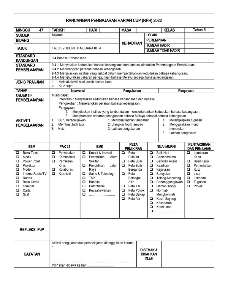 RPH Sejarah Tahun 5 M47 | PDF