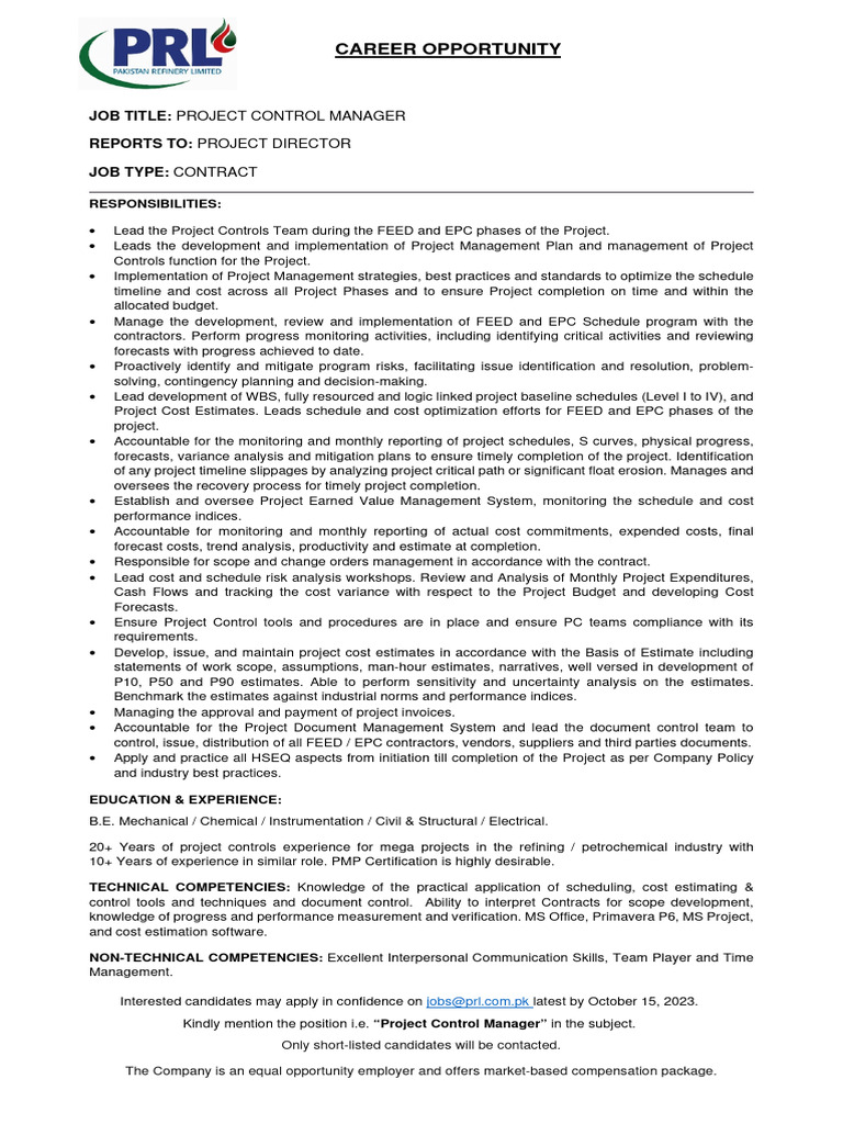 Project Control Manager | PDF | Project Management | Business