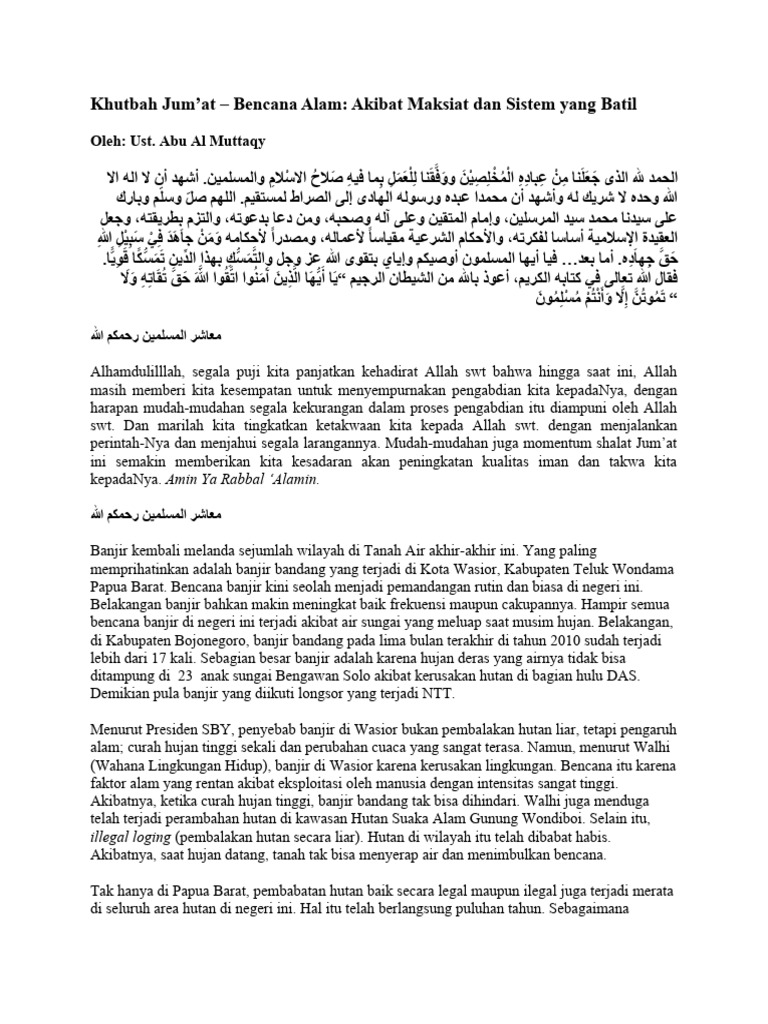 Khutbah Jum Bencana Alam Akibat Maksiat Dan Sistem Yang Bathil | PDF