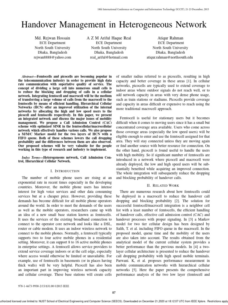 Handover Management in Heterogeneous Network | PDF | Cellular Network ...