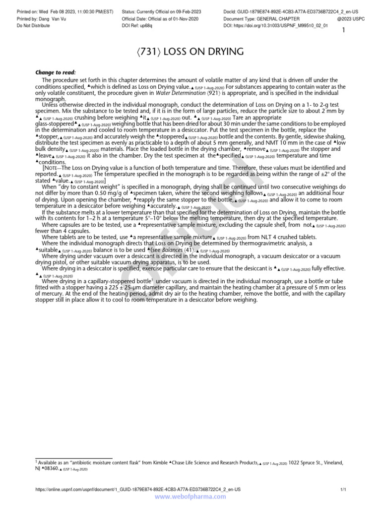 〈731〉 Loss on Drying | PDF