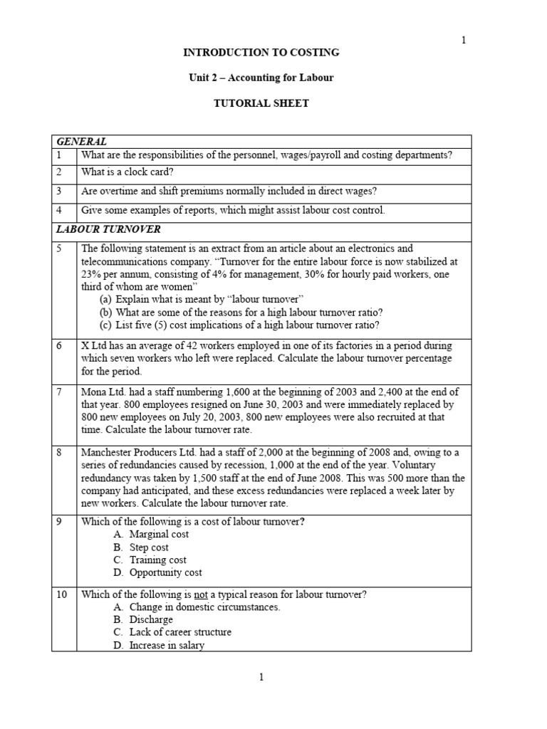 Unit 2 Labour - Tutorial Sheet | PDF | Piece Work | Turnover (Employment)