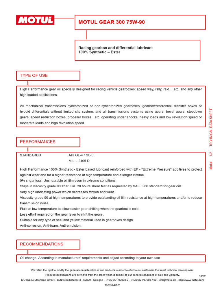 GEAR 300 75W-90 en DE Motul 34200 20221014 | PDF | Mechanical Engineering | Applied And ...