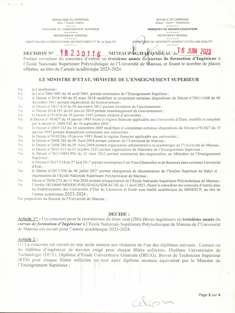 Concours 2023-2024 ENSPM Maroua | PDF | Technologie et ingénierie