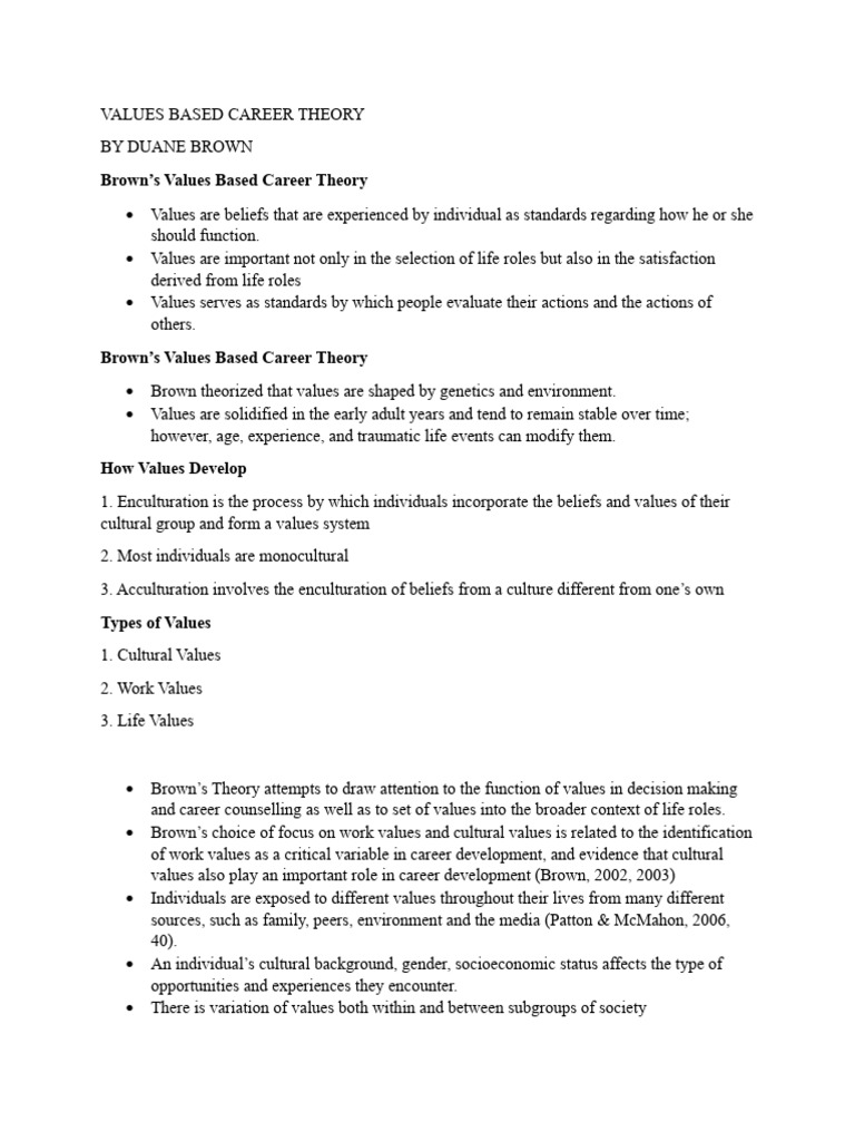 Brown's Values-Based Career Theory | PDF | Socioeconomic Status ...