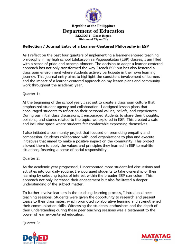 Reflection Journal Entry in ESP | Download Free PDF | Learning ...