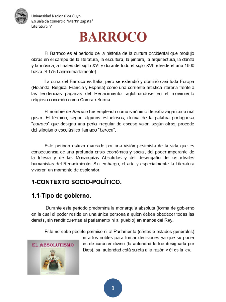 2023-9-17 - Colegio Martín Zapata - Literatura IV - UNIDAD II - BARROCO | PDF | Miguel De ...
