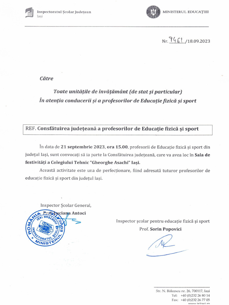 ISJ IS - Anunt - Consfatuire Ed Fizica-2023 | PDF