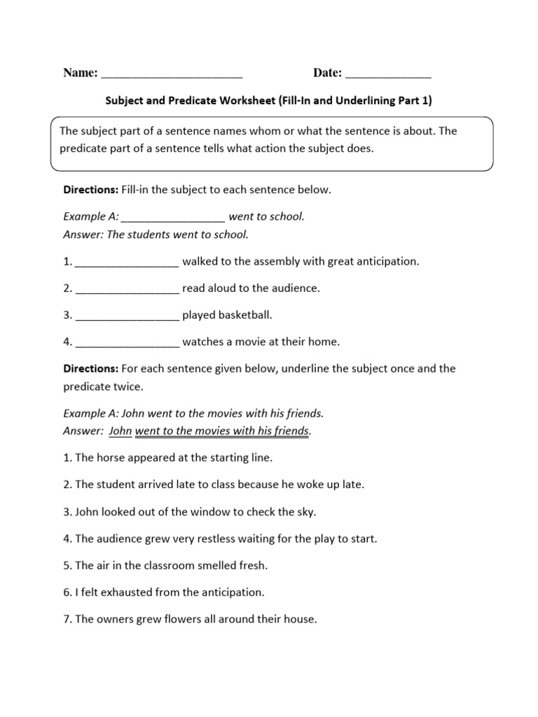 Subject Predicate Fill In Underlining P 1 Intermediate Pdf