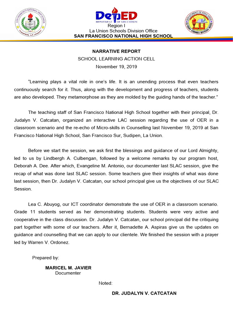 Narrative Report(LAC SESSION) | PDF | Pedagogy | Cognition