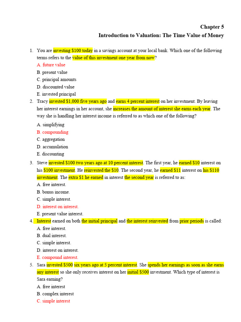 Chapter 5 Multiple Choice Questions | PDF | Present Value | Interest