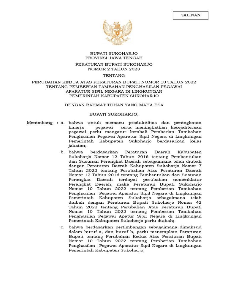 Perubahan Kedua Atas Peraturan Bupati Nomor 10 Tahun 2022 Tentang Pemberian Tambahan Penghasilan ...