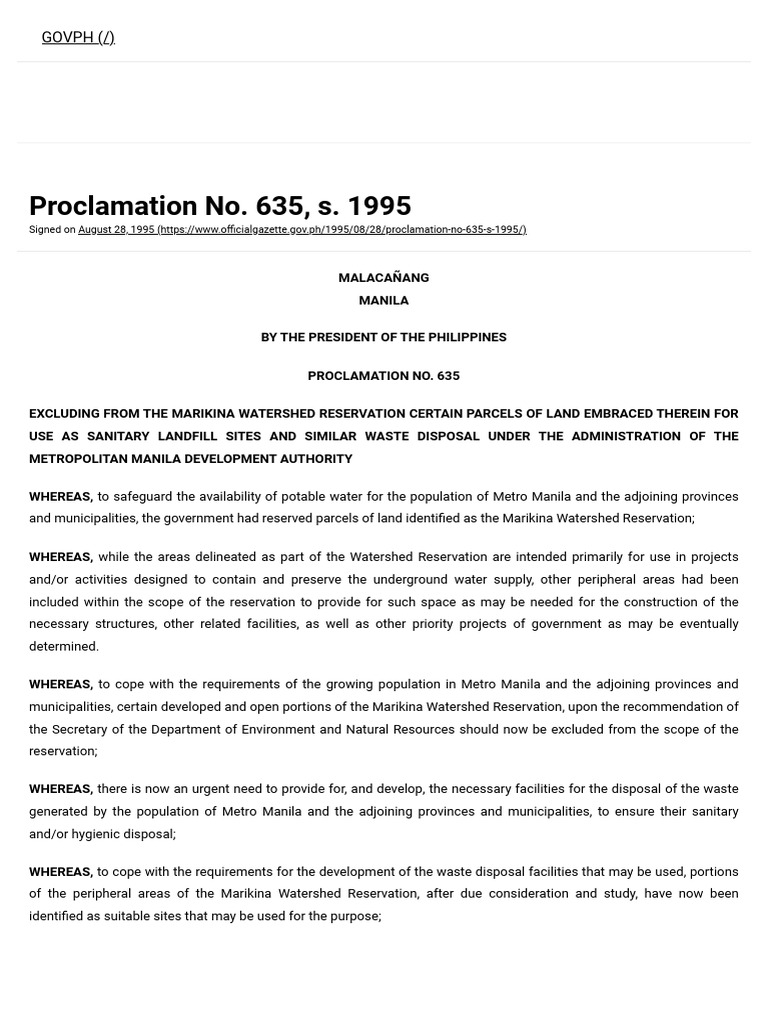 Proclamation No. 635 S. 1995 - Official Gazette of The Republic of The ...