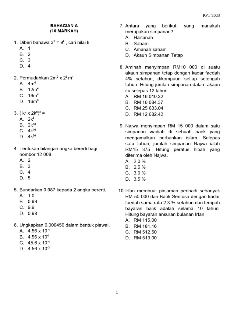 Math t3 BAHAGIAN A | PDF