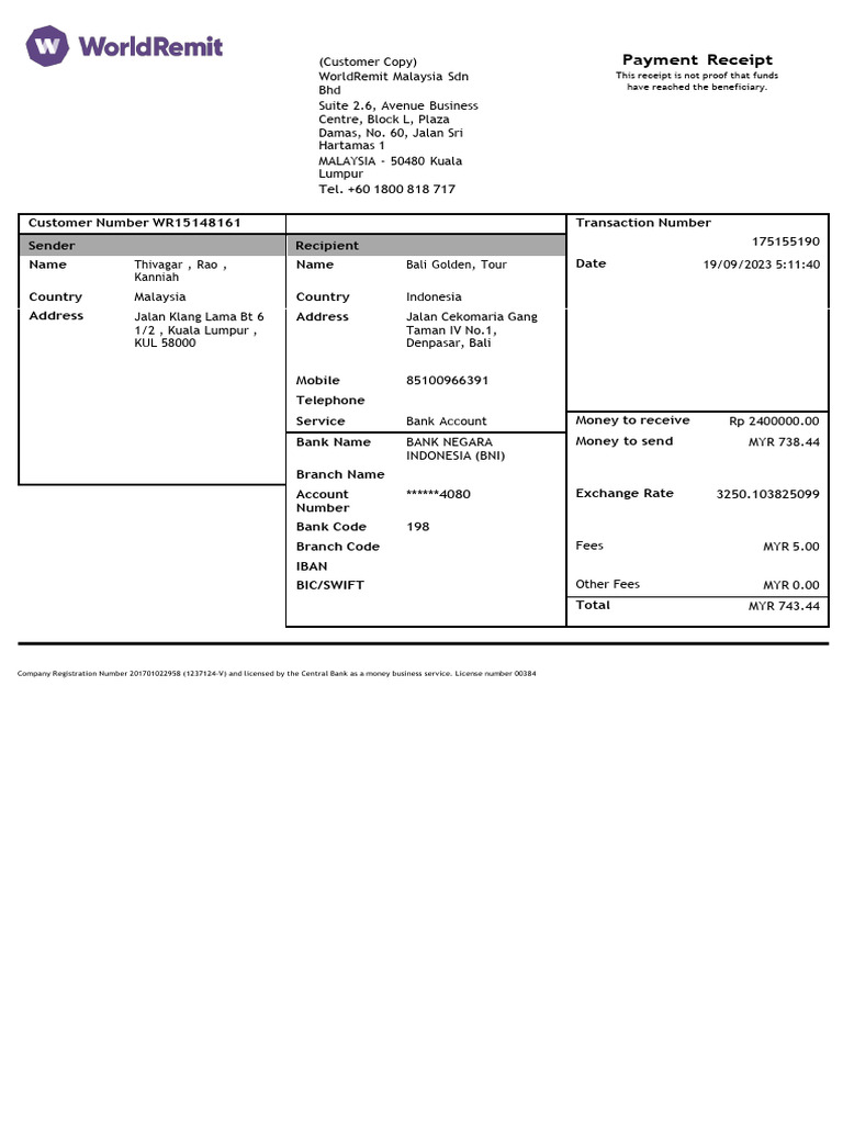 Payment Receipt: This Receipt Is Not Proof That Funds Have Reached The ...