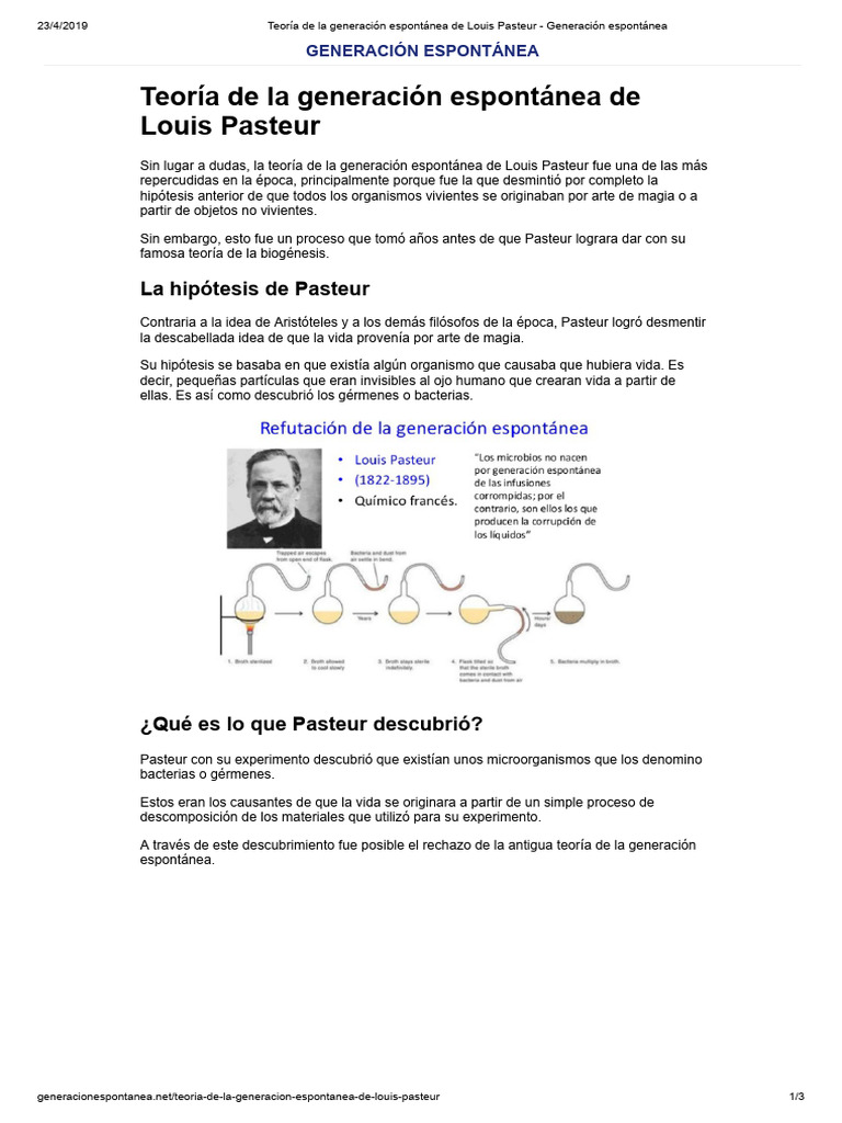 Teoría de la generación espontánea de Louis Pasteur - Generación espontánea | PDF | Luis Pasteur ...