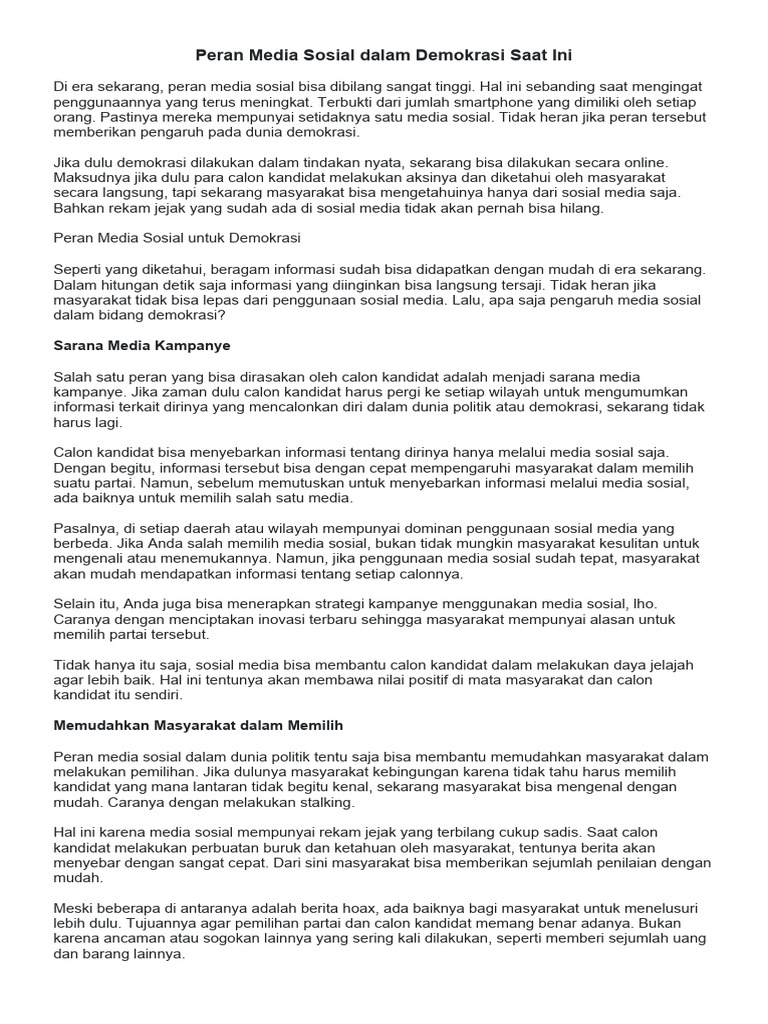 Artikel Peran Media Sosial Dalam Demokrasi Saat Ini | PDF | Karier & Perkembangan | Ilmu Sosial
