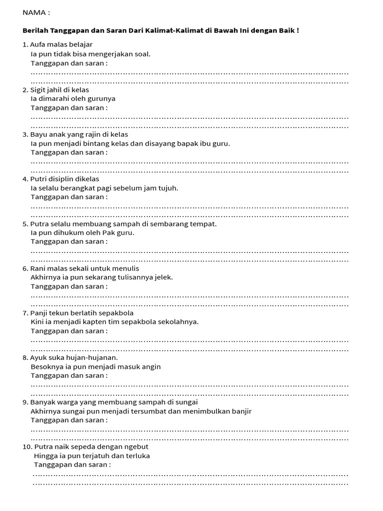 Kalimat Tanggapan Dan Saran KLS 3 | PDF