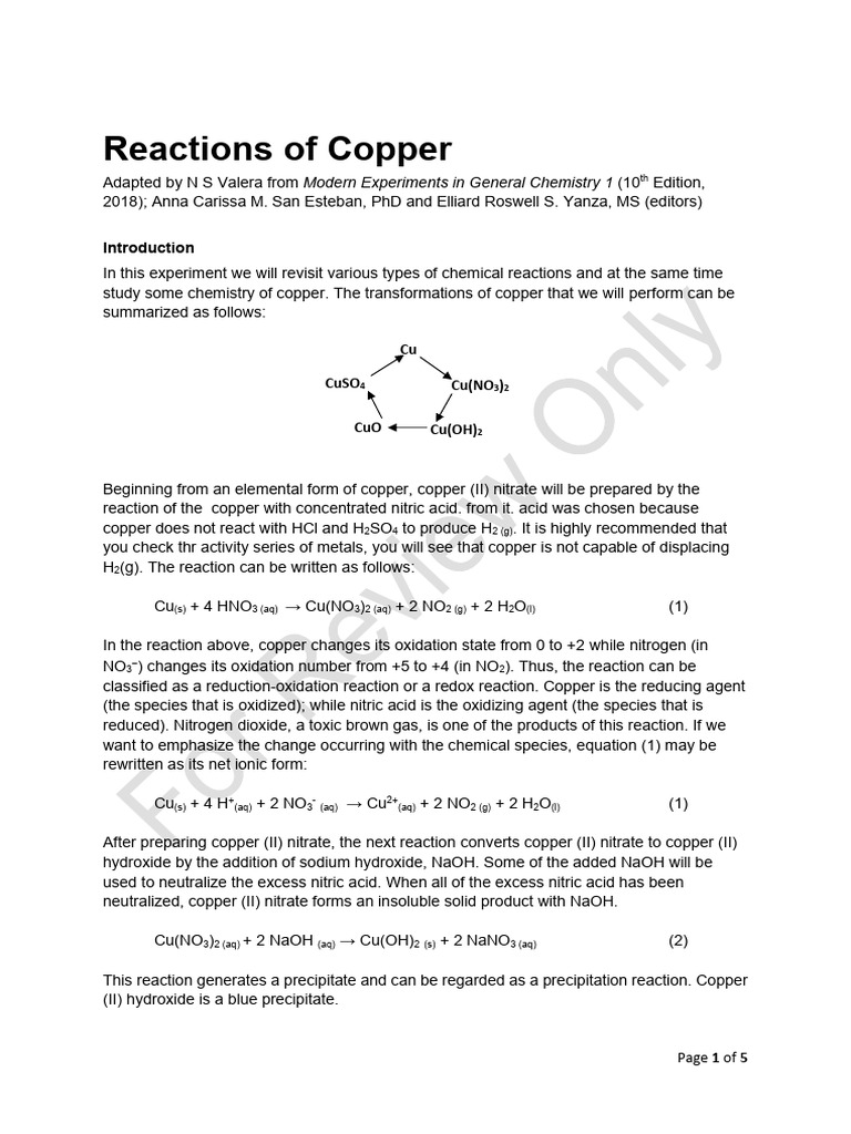 Reactions of Copper (Edited, 10 Sept 2023) | PDF | Hydroxide | Nitric Acid