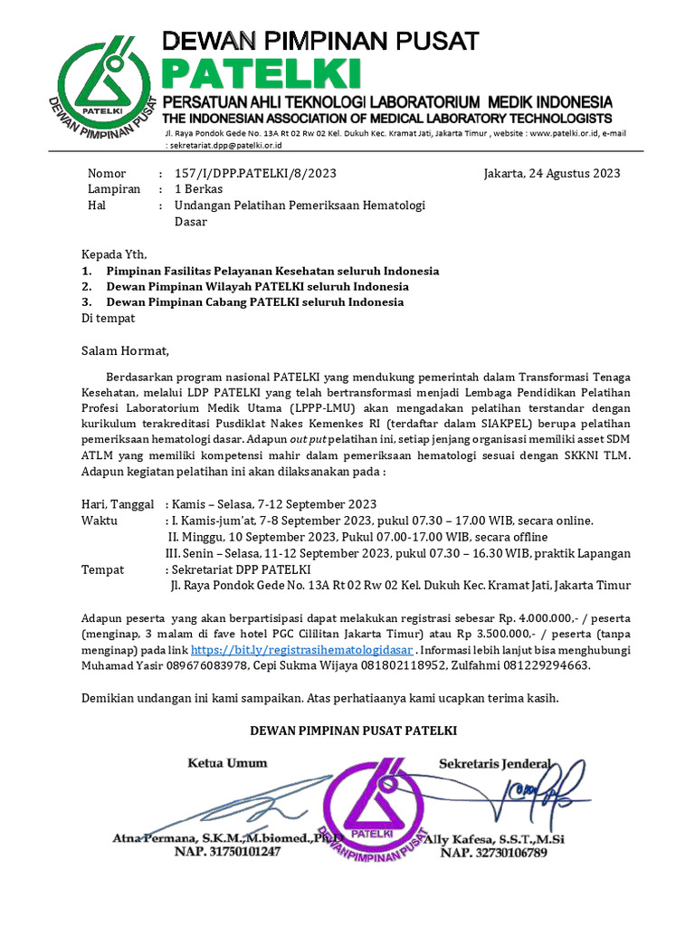 Surat Undangan Pelatihan Pemeriksaan Hematologi Dasar | PDF